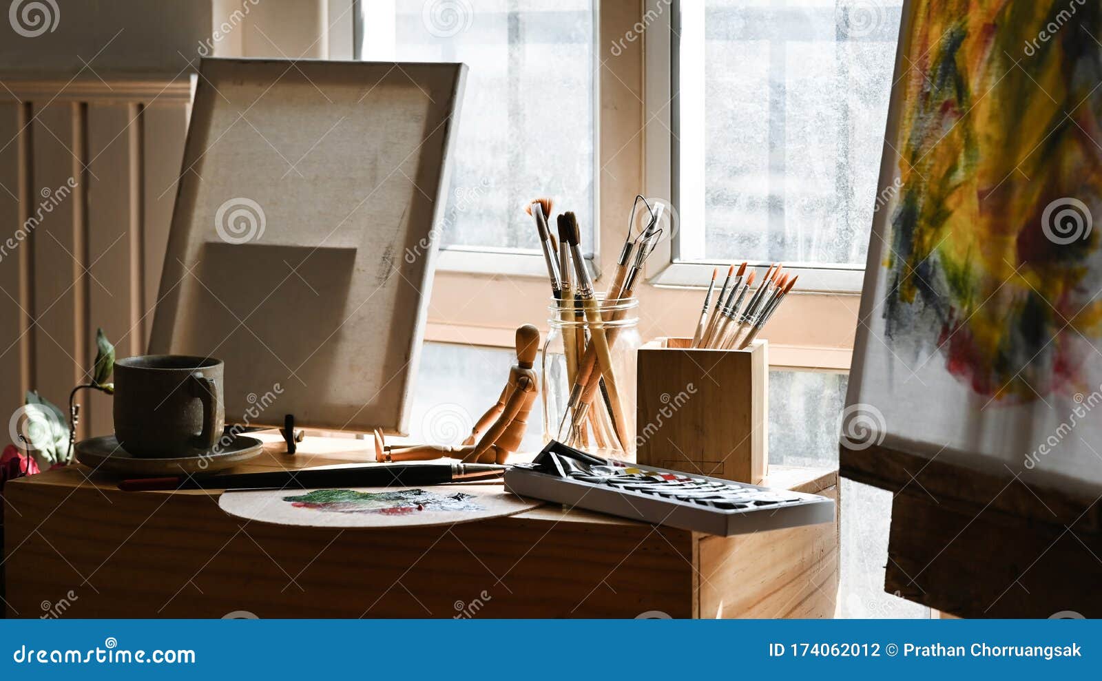 Painter/Artist Workplace with Drawing Canvas and Painting Accessories ...