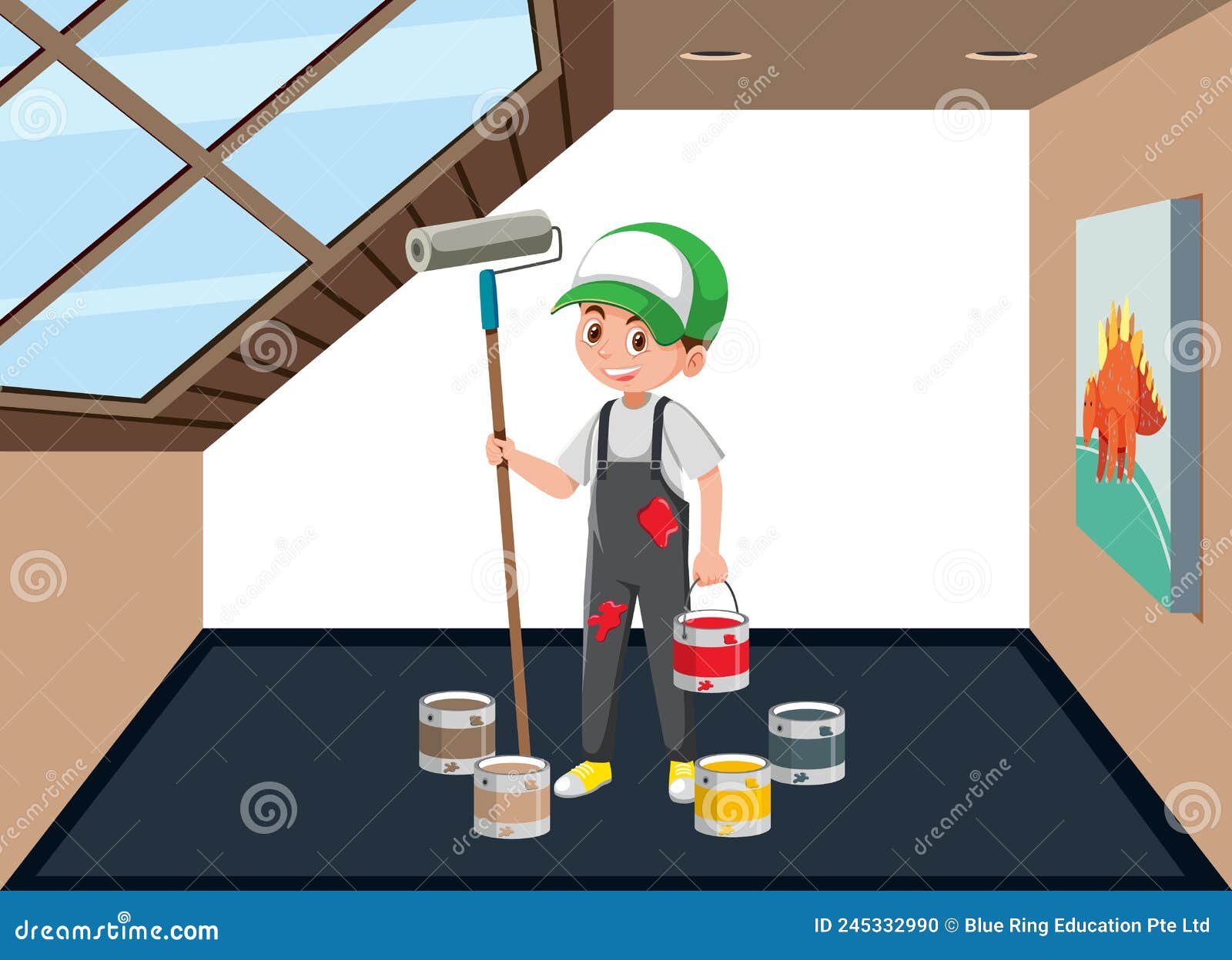 Painter with Buckets of Paint in the Room Stock Vector - Illustration ...