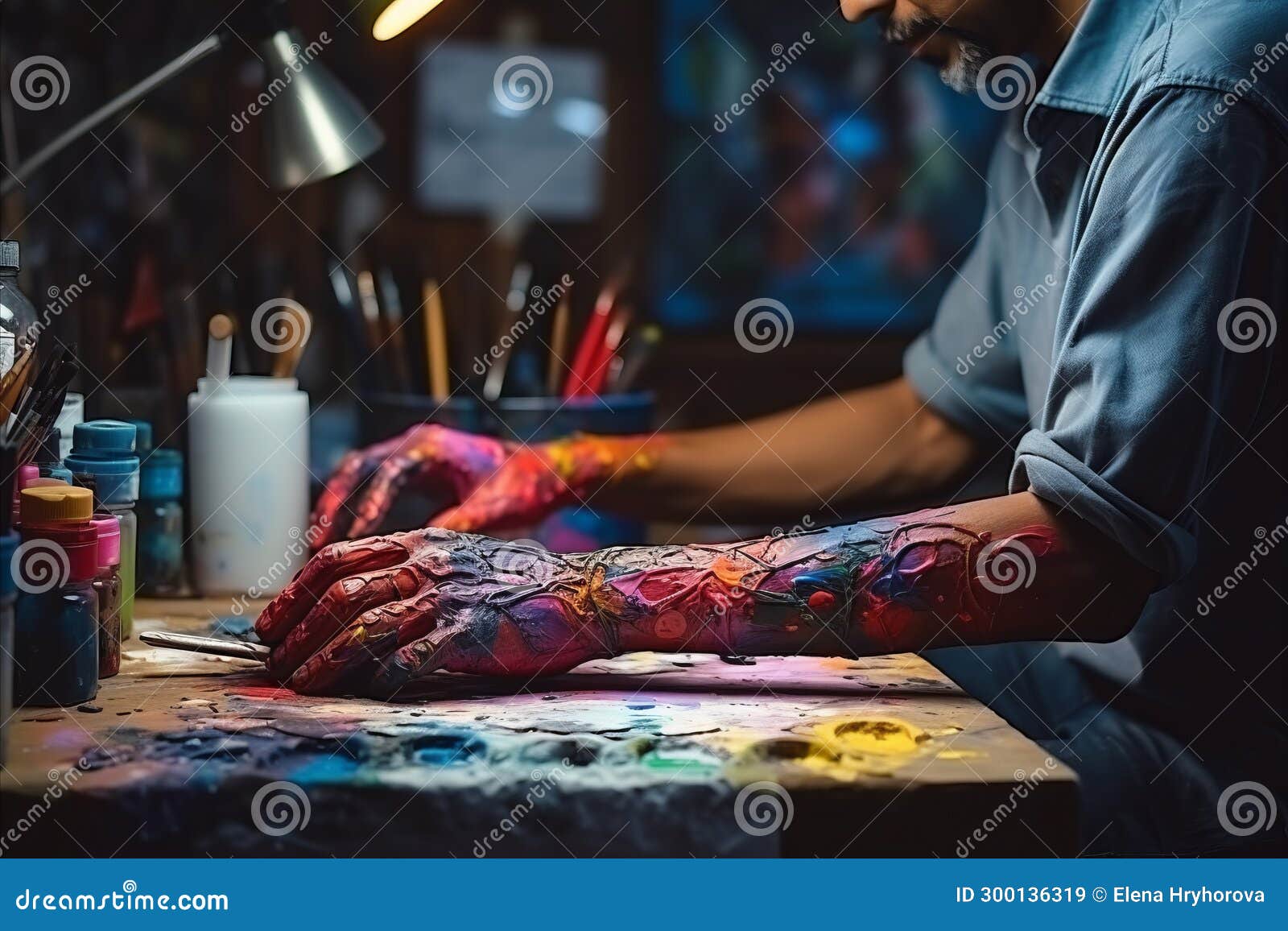 Painter with Colorful Hands Working on a Creative Project in Art Studio ...
