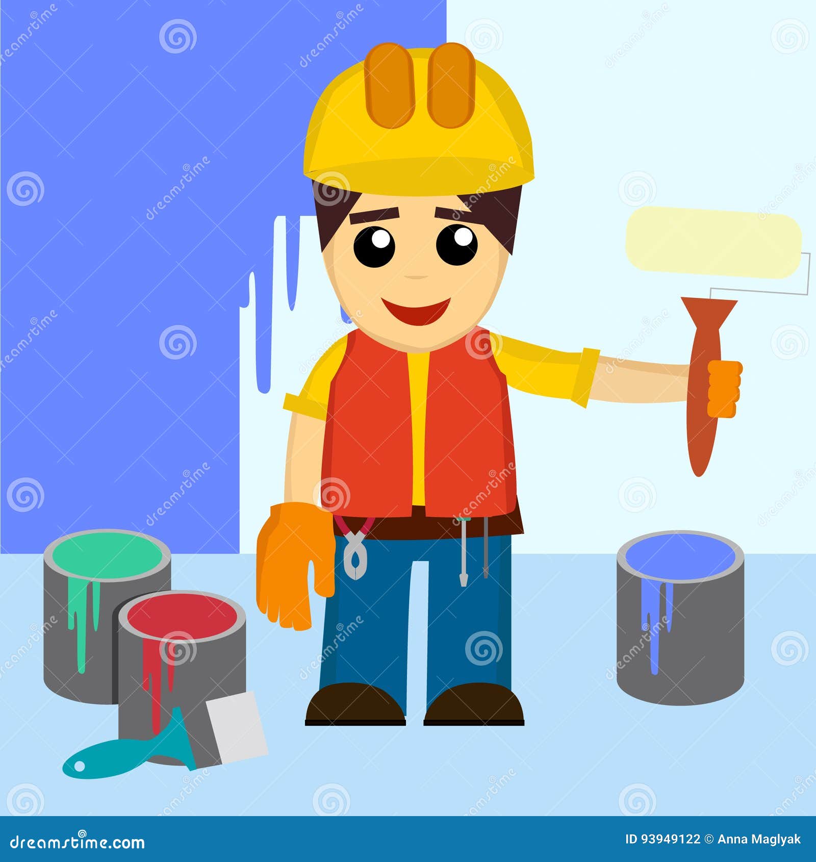 Painter Coloring Wall By Paintroller, People Occupations Cartoon Vector ...