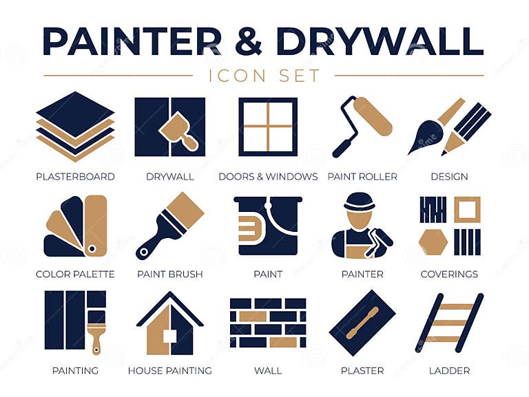Painter and Drywall Icon Set Stock Vector - Illustration of icon ...