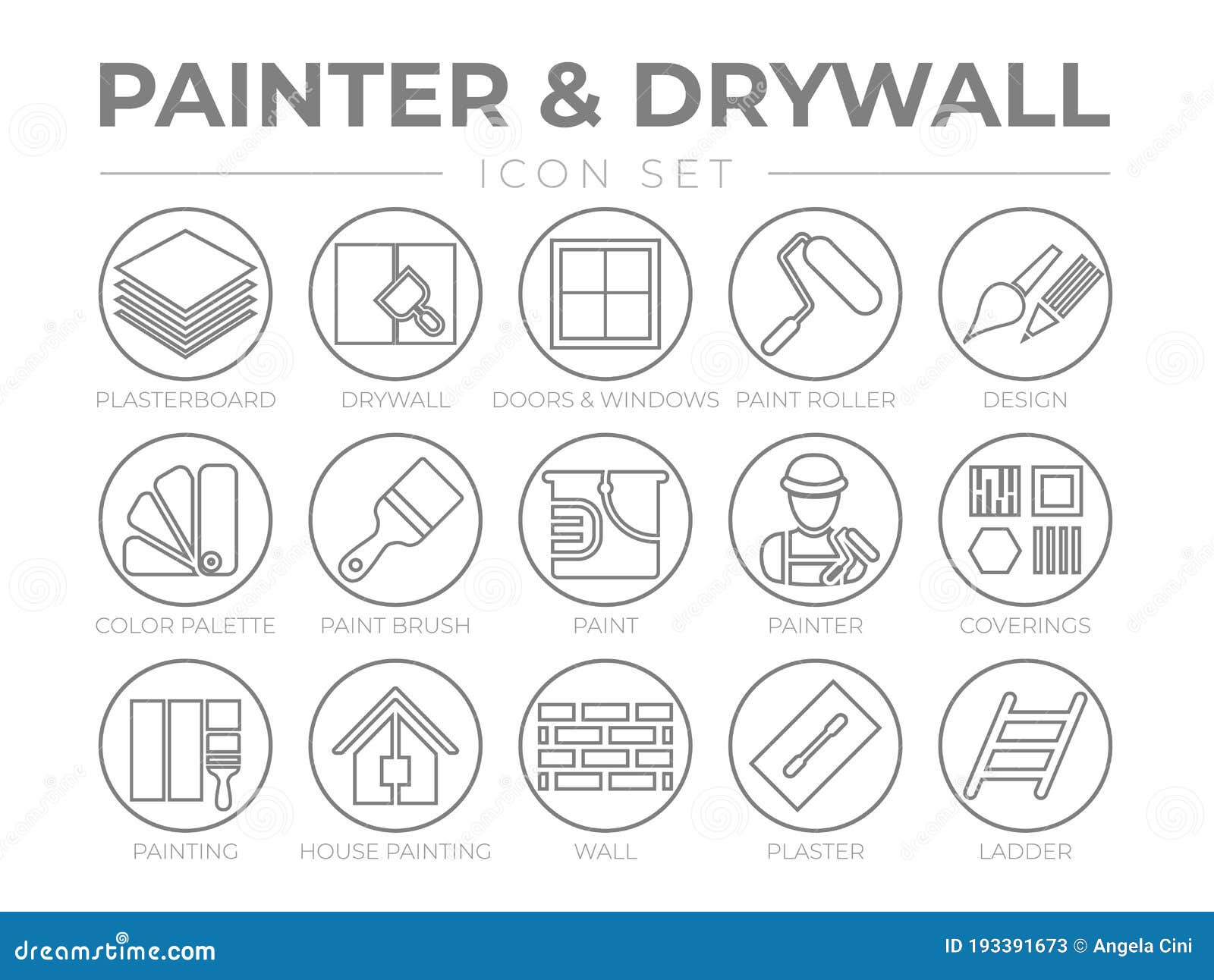 Red Painter And Drywall Icon Set With Plasterboard, Paint Roller, Brush ...