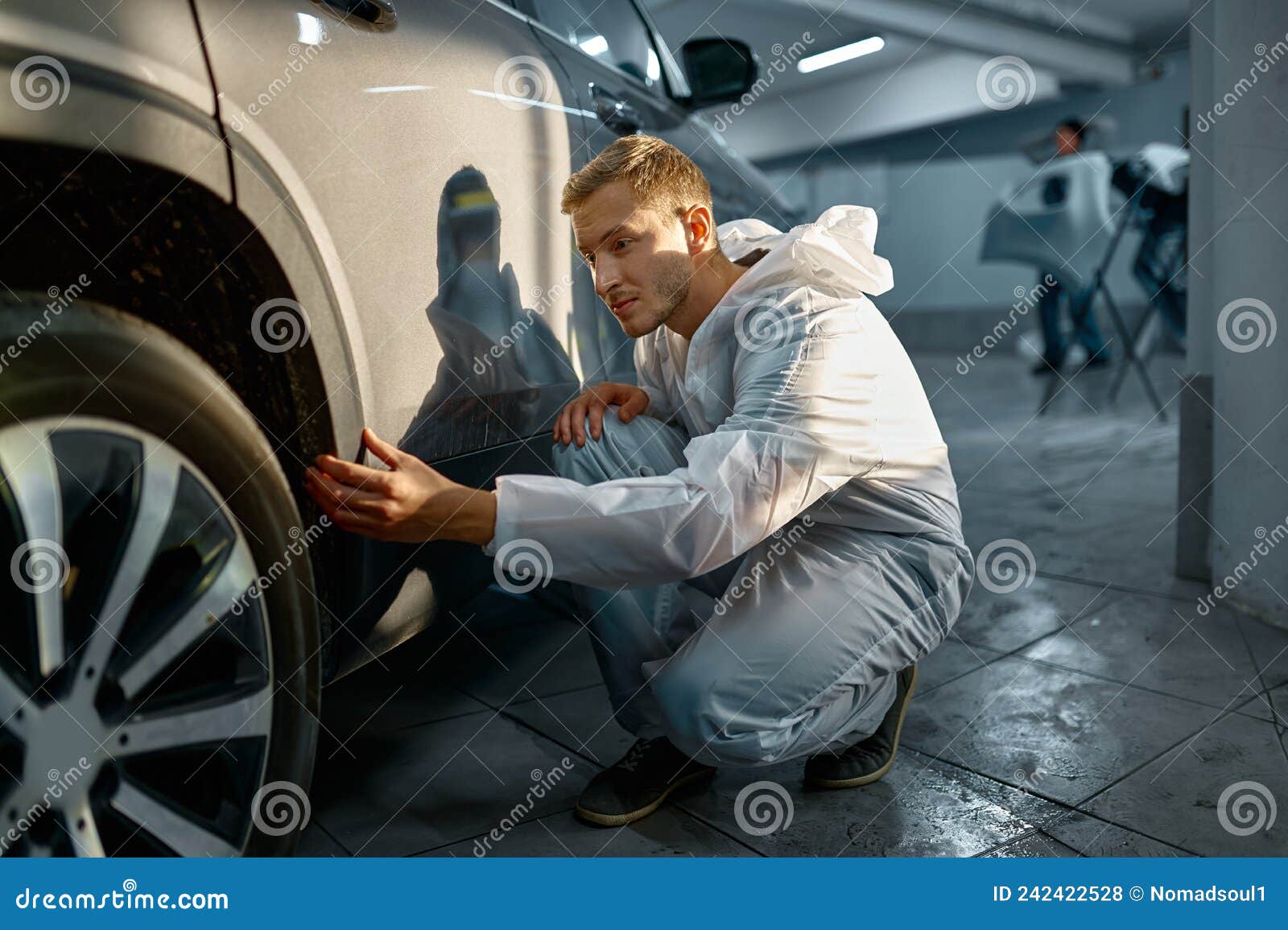 Painter Examining Car Body Paint Check Process Stock Photo - Image of ...