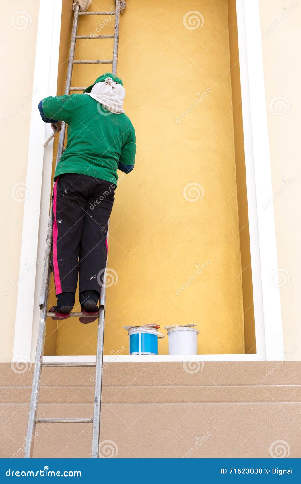 Painter on a Ladder Painting the Wall Stock Photo - Image of paintbrush ...