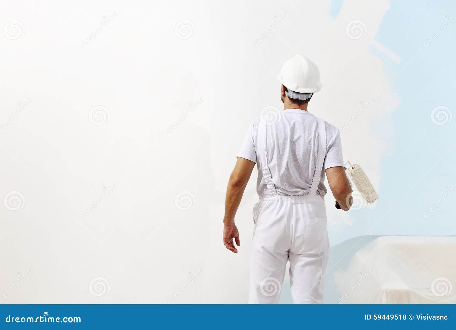 Painter Man at Work with a Paint Roller, Wall Painting Stock Photo ...