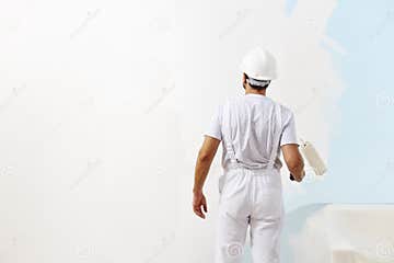 Painter Man at Work with a Paint Roller, Wall Painting Stock Photo ...