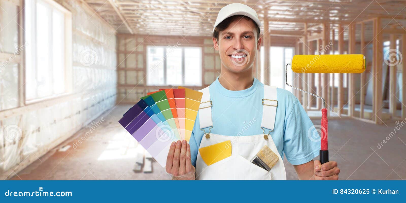 Painter man. stock image. Image of friendly, house, paintbrush - 84320625