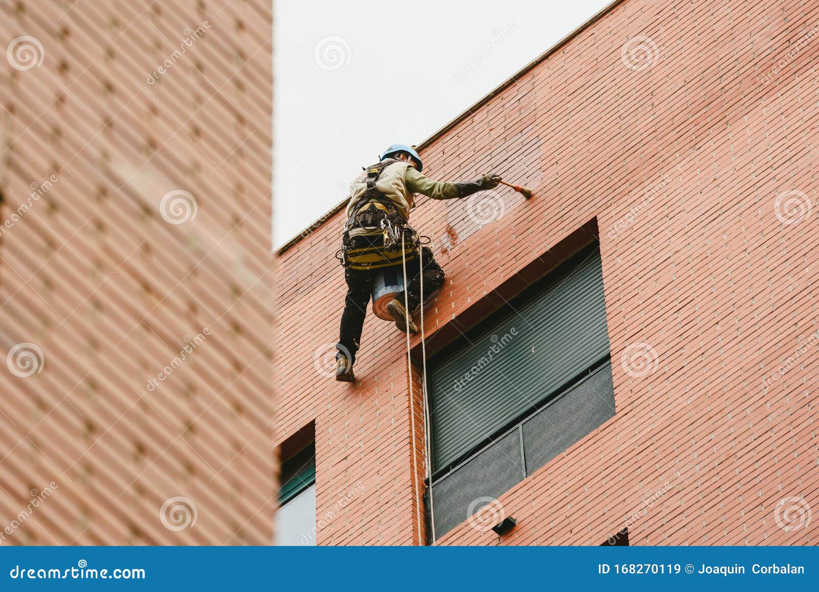 Painter Perched Hanging on the Walls of a Building with Ropes Editorial ...