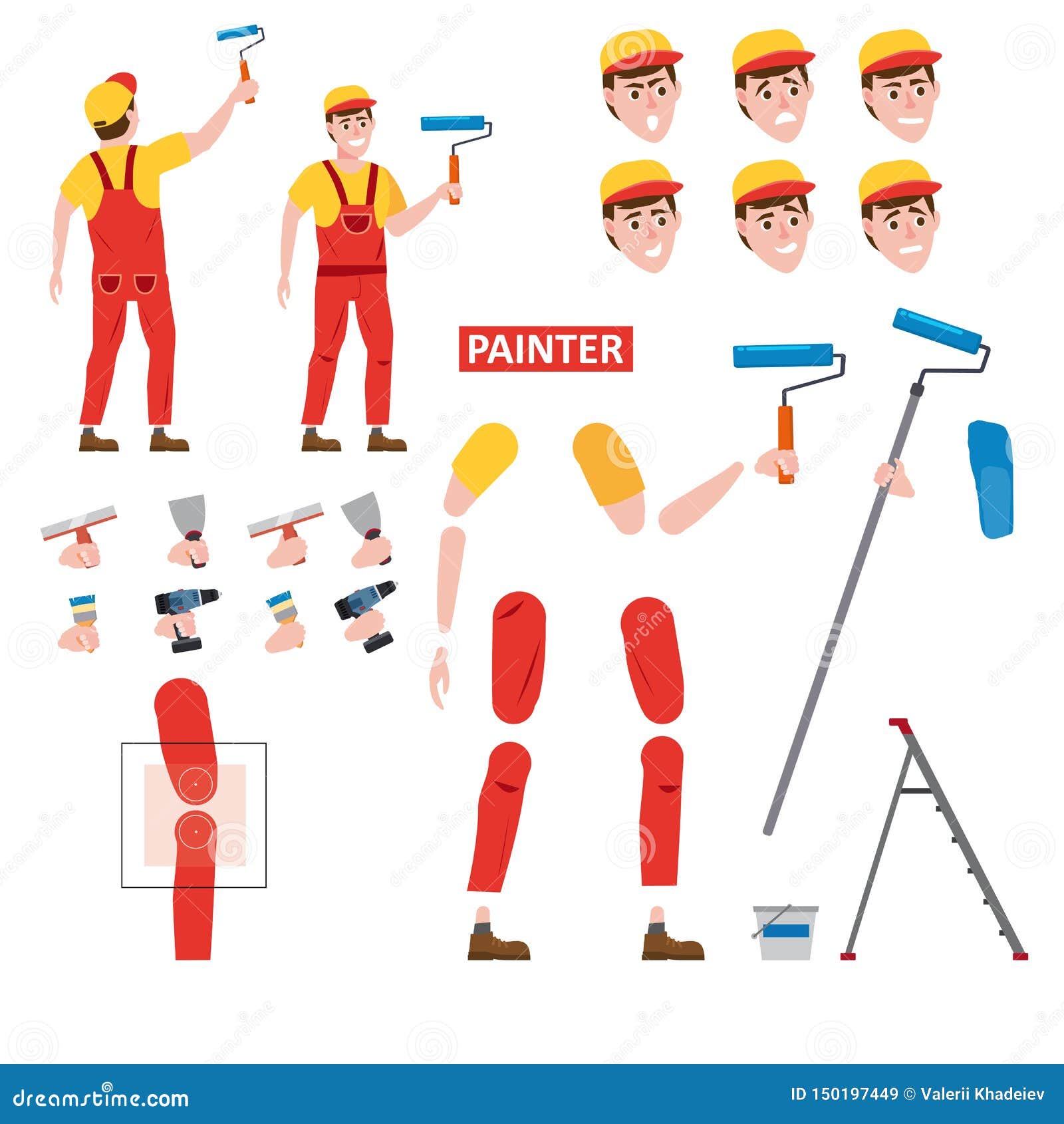 Painter Profession Worker Character for Animation. Front and Back View ...
