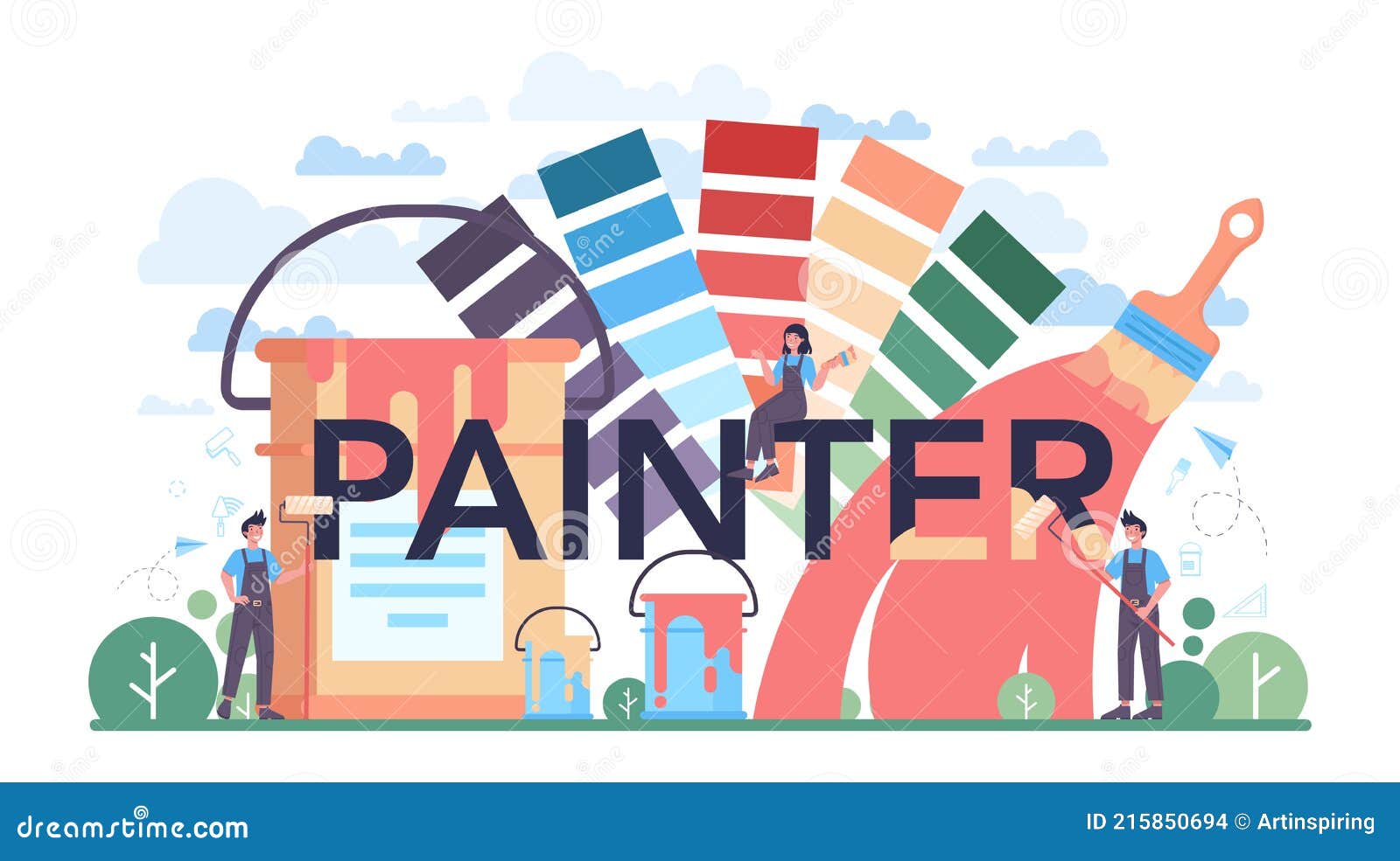 Painter Typographic Header. People in the Uniform Paint the Wall Stock ...