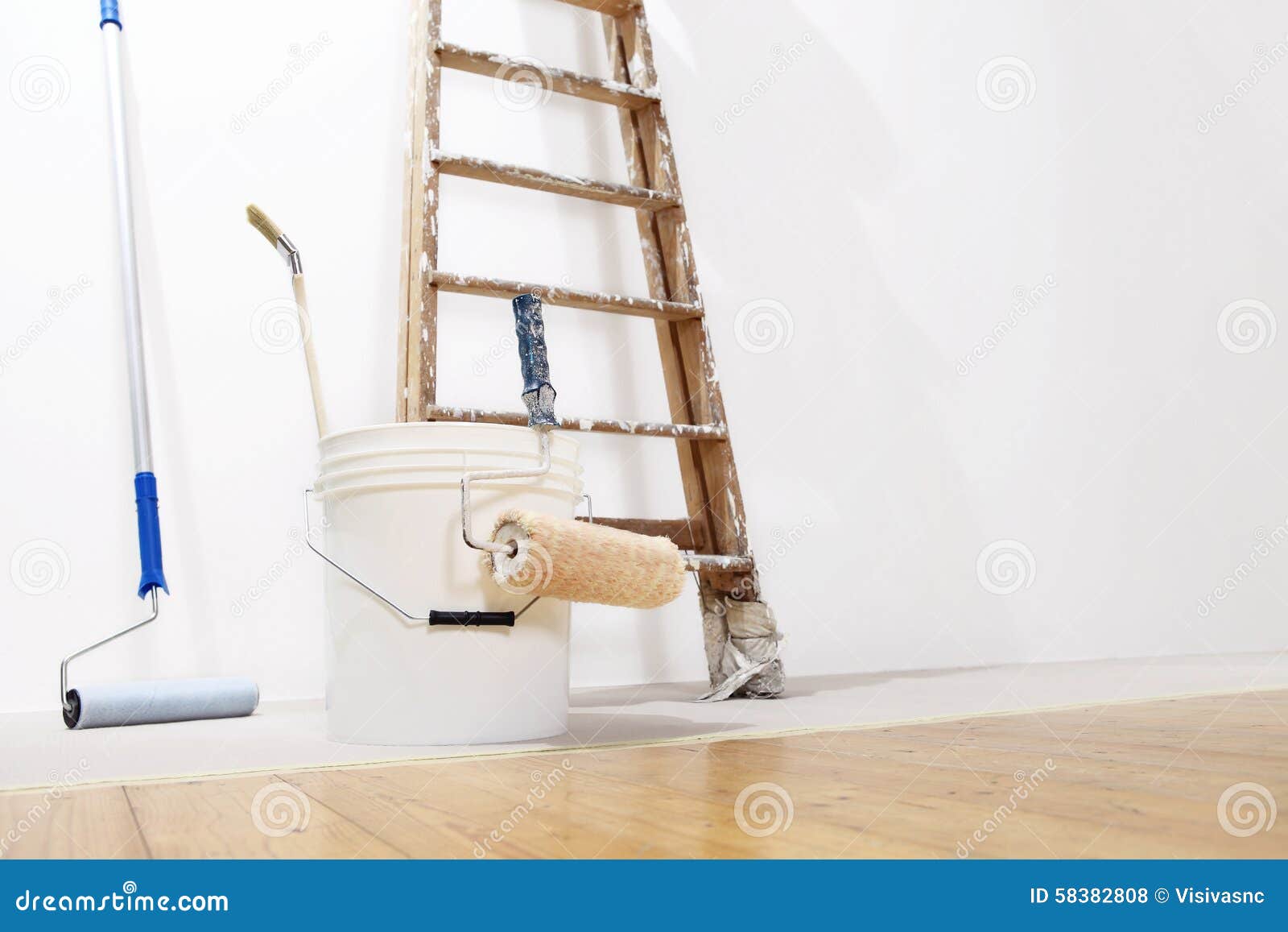 Painter Wall Concept, Ladder, Bucket, Roll Paint on the Floor Stock ...