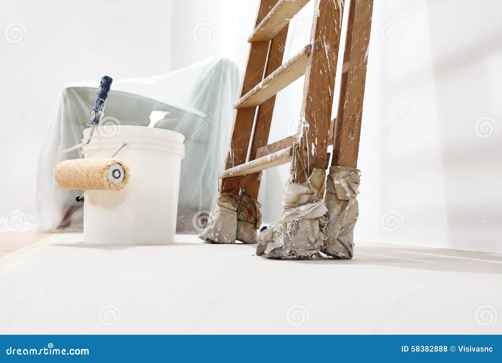 Painter Wall Concept, Ladder, Bucket, Roll Paint Stock Photo - Image of ...