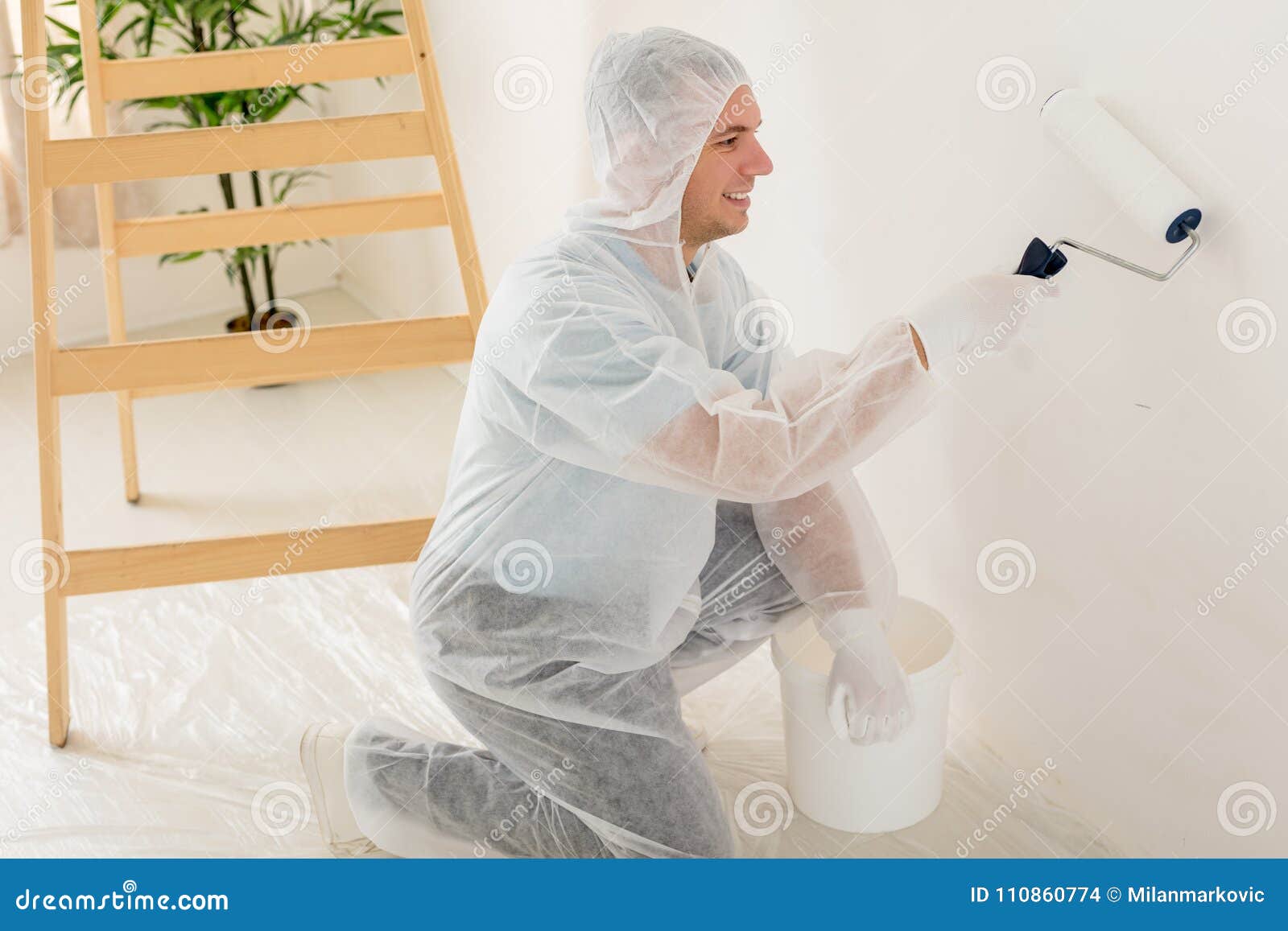 Whitewashing Wall stock photo. Image of worker, painter - 110860774