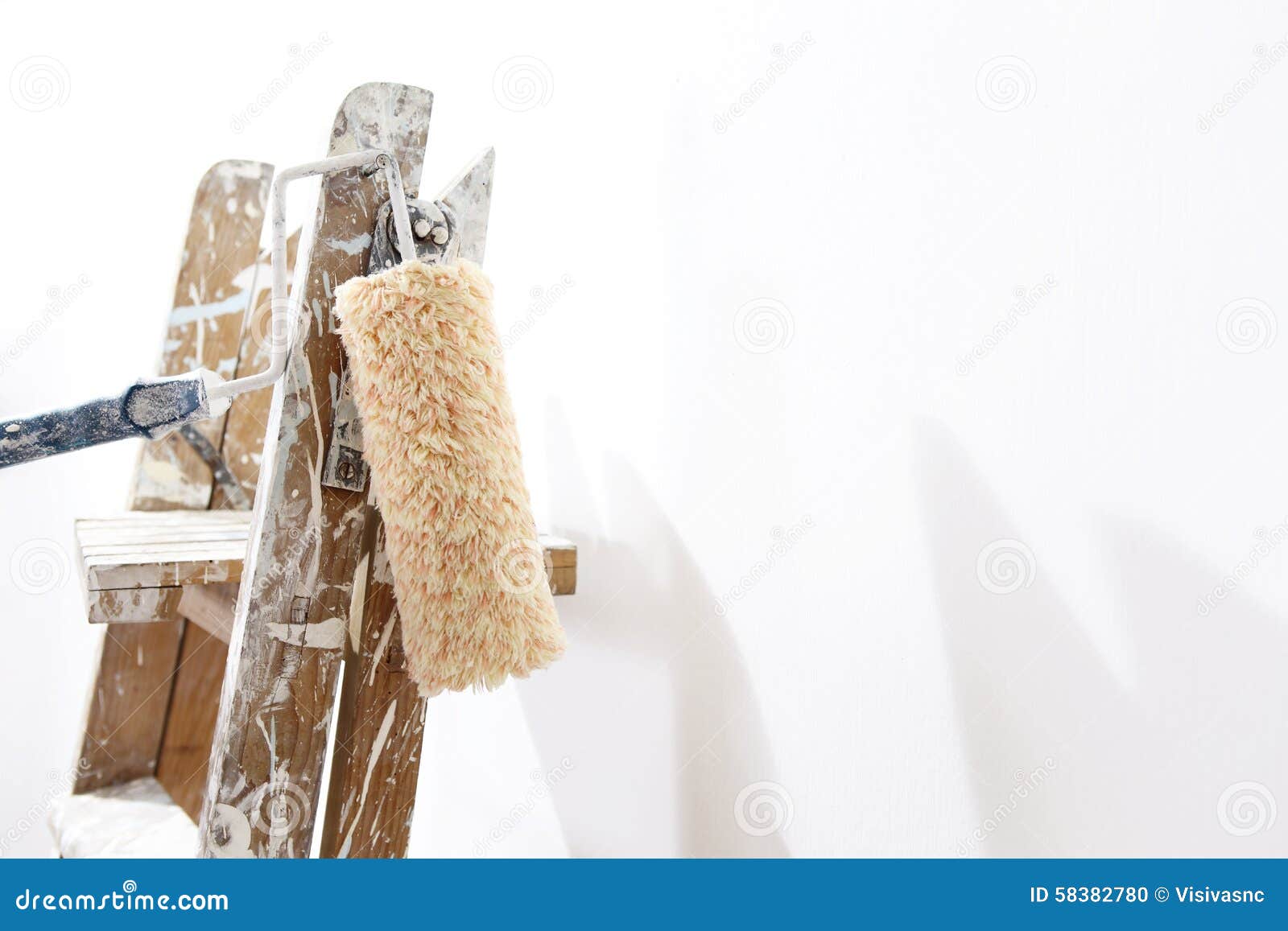 Painter Wooden Ladder with Roller Paint, Leaning Wall Stock Photo ...
