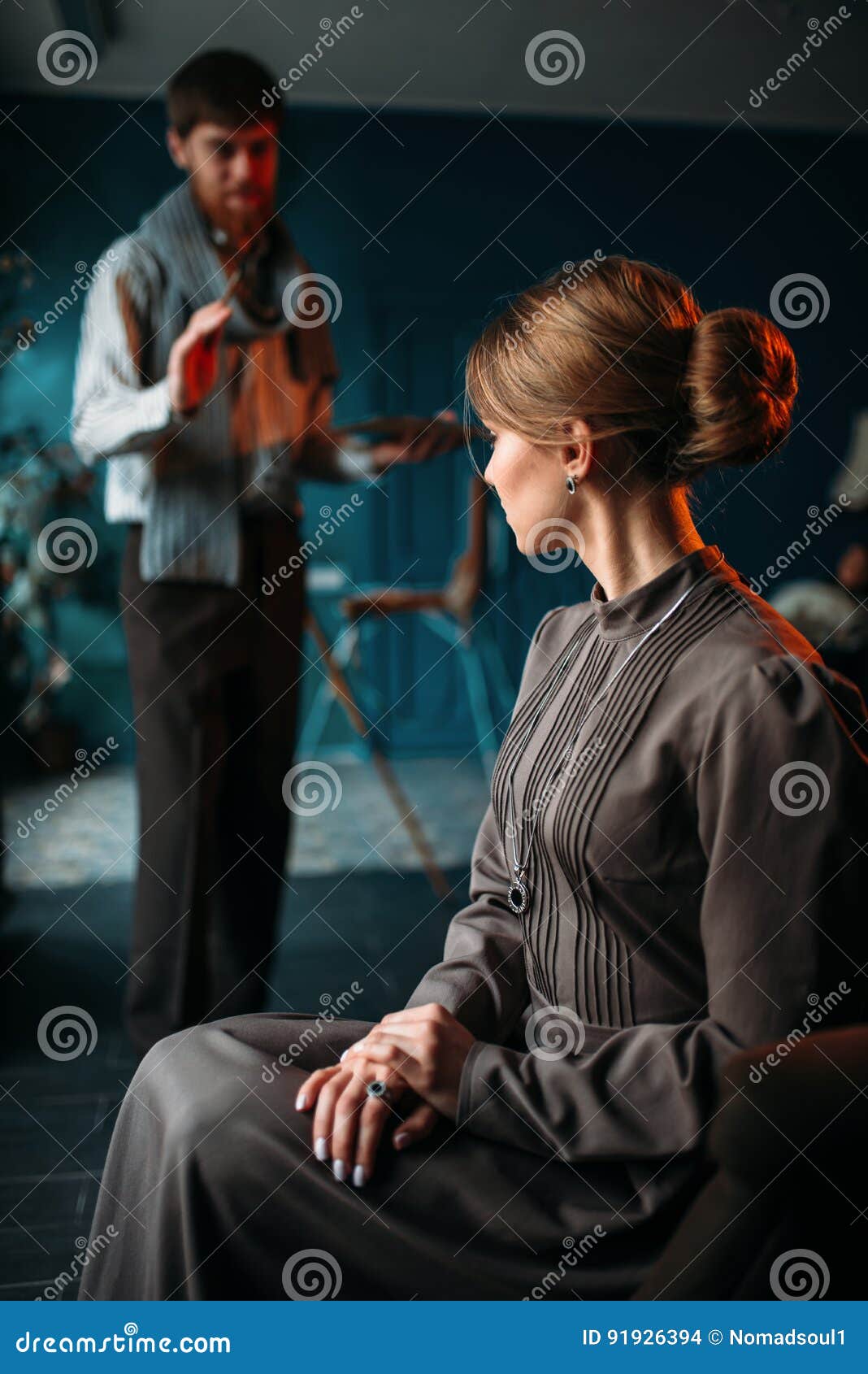 Painter Work with Female Poseur in Art Studio Stock Photo - Image of ...