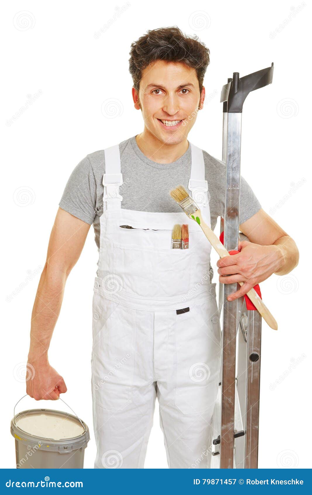 Painter at Work with Ladder and Paint Bucket Stock Image - Image of ...