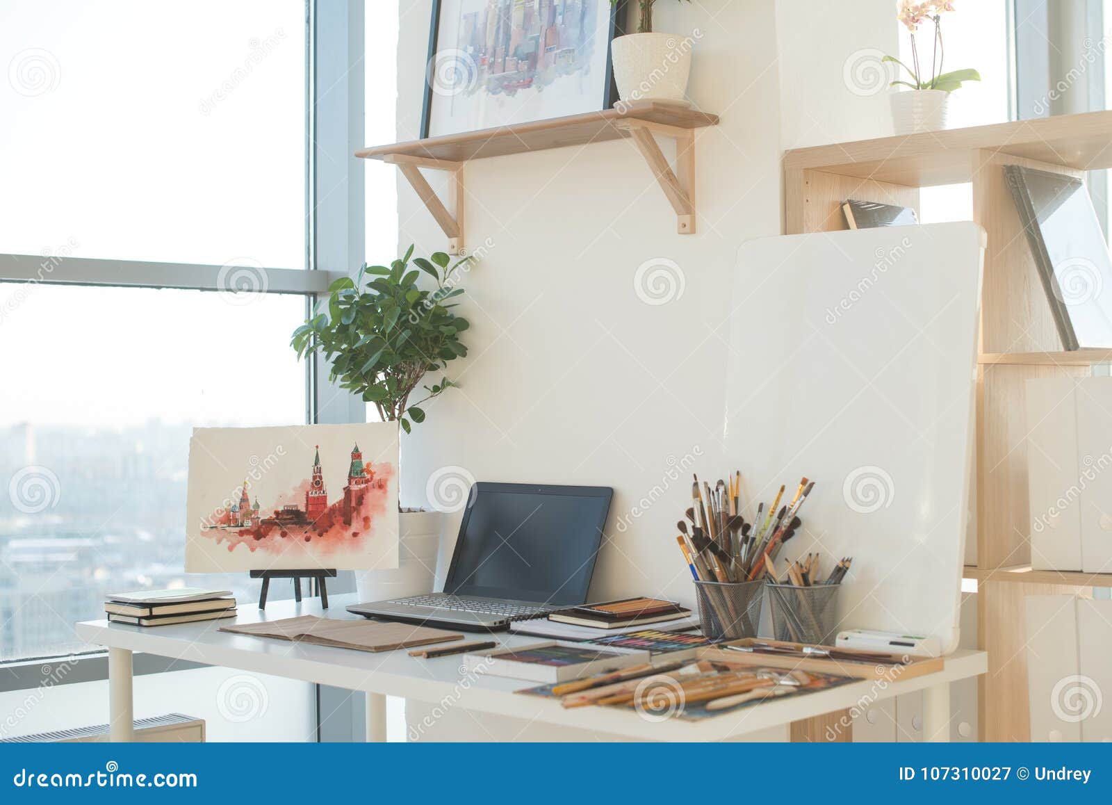 Painter Workplace in Order Side View. Designer Desk with Drawing ...