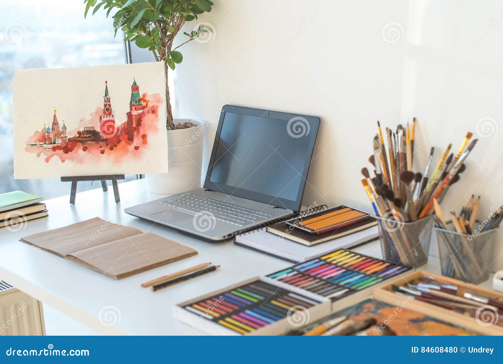 Painter Workplace in Order Side View. Designer Desk with Drawing ...