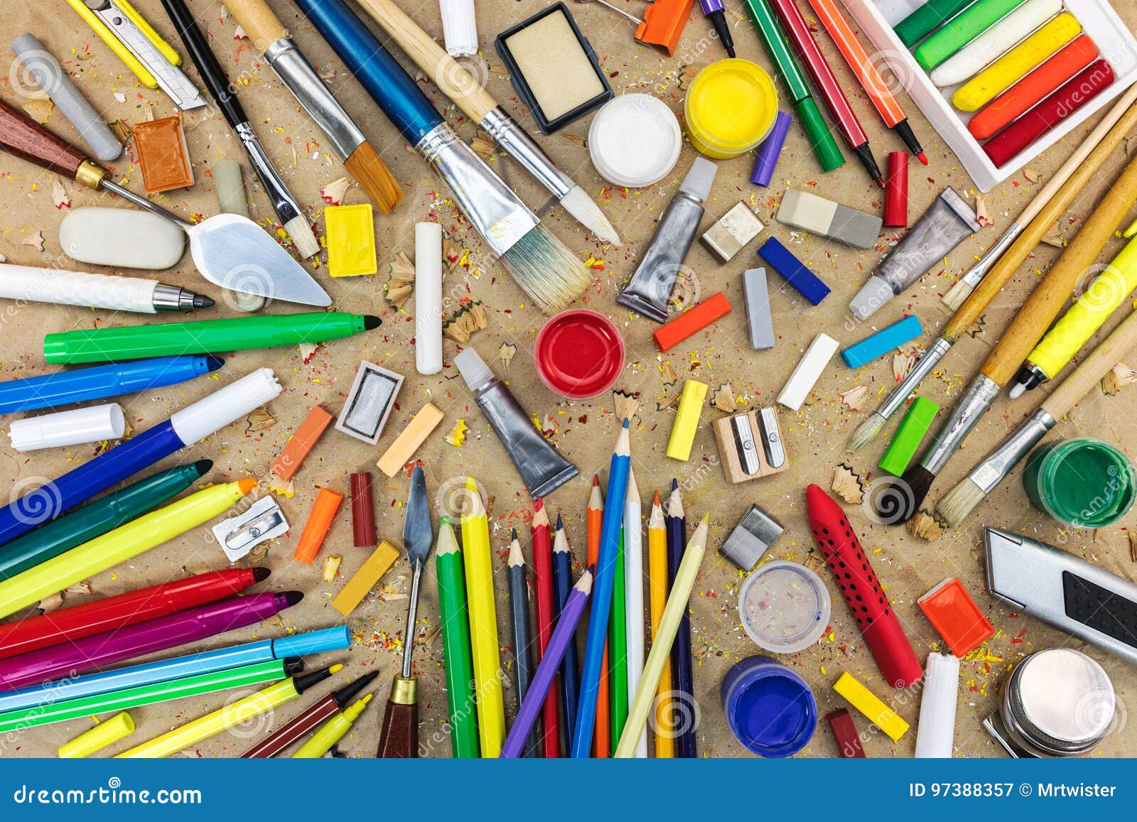 Painter Workplace Top View. Various Drawing Tools on Brown Background ...