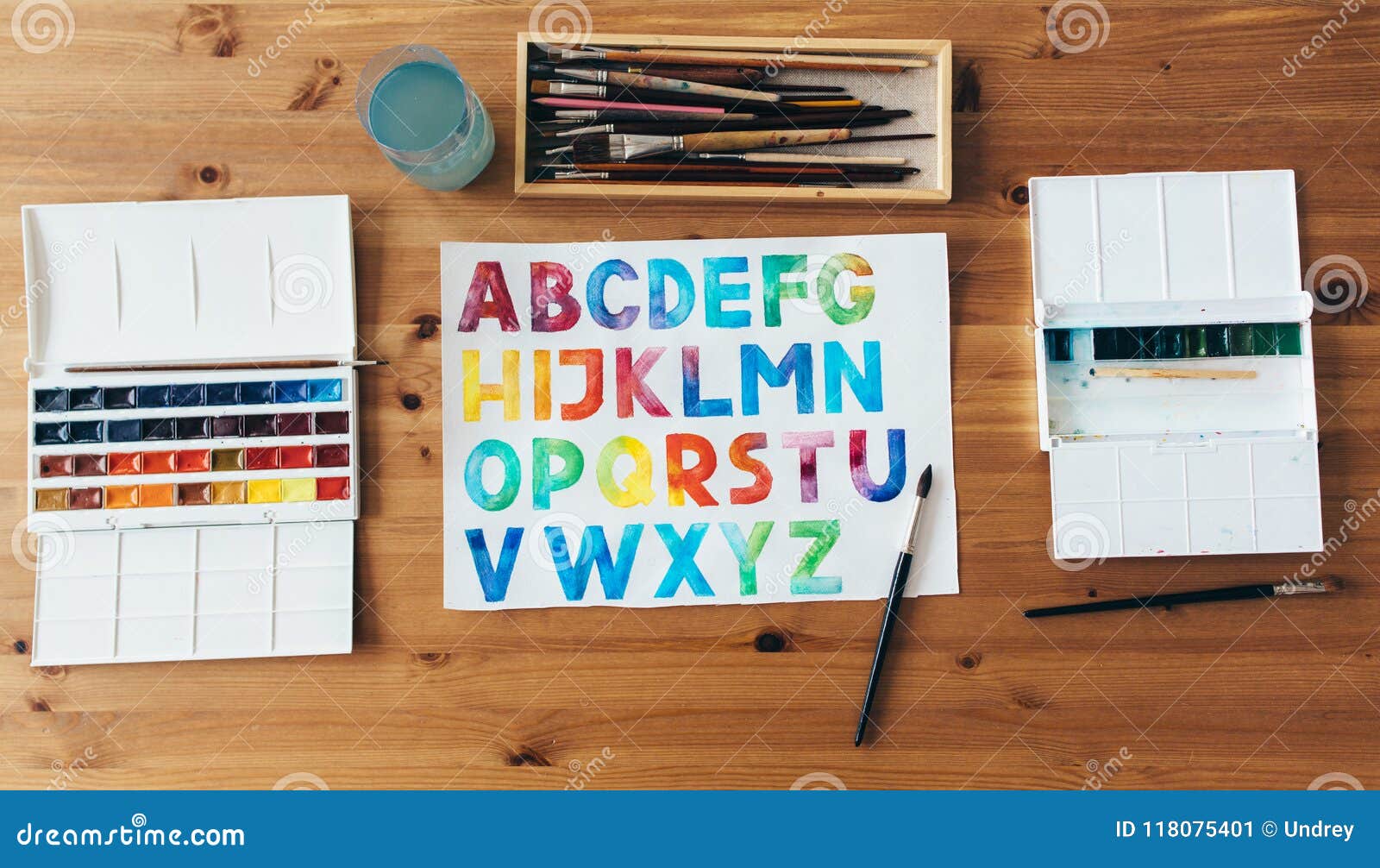 Painter Workplace Top View. Wooden Table of an Artist with Art Tools ...