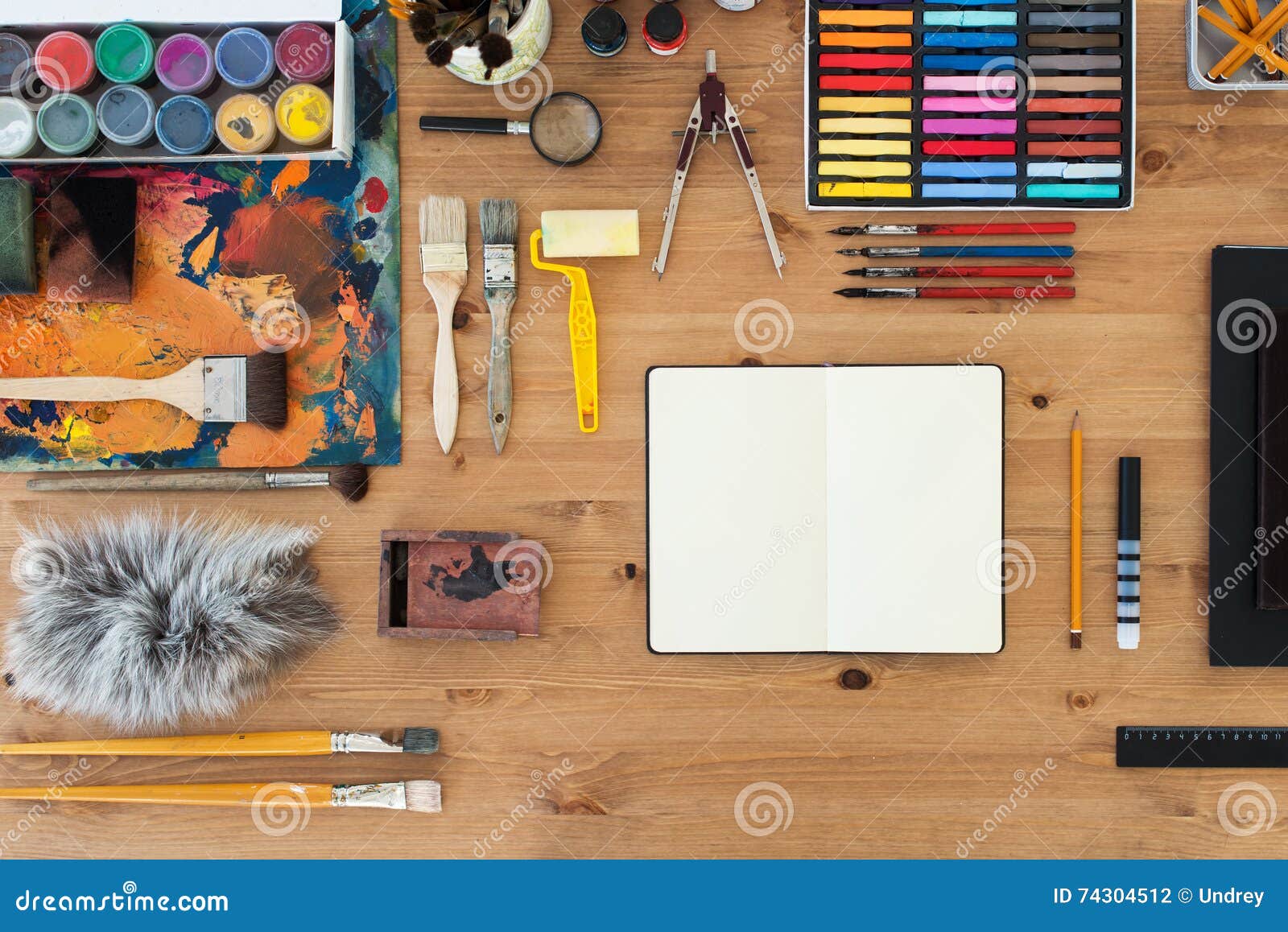 Painter Workplace Top View. Wooden Table of an Artist with Art Tools ...