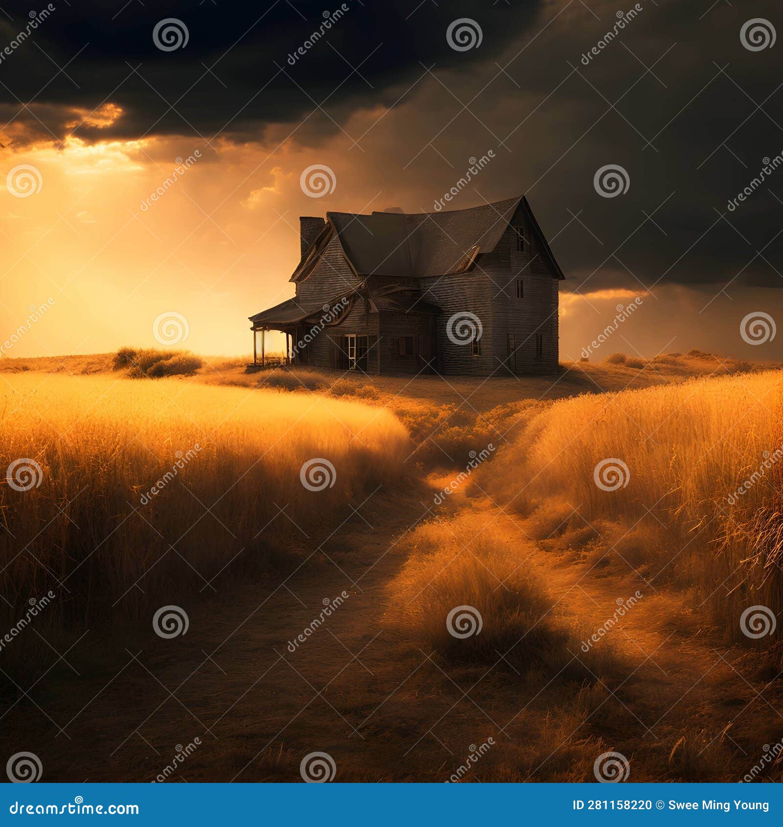 Painterly Image of the Dark Abandoned House in Rural Landscape with ...