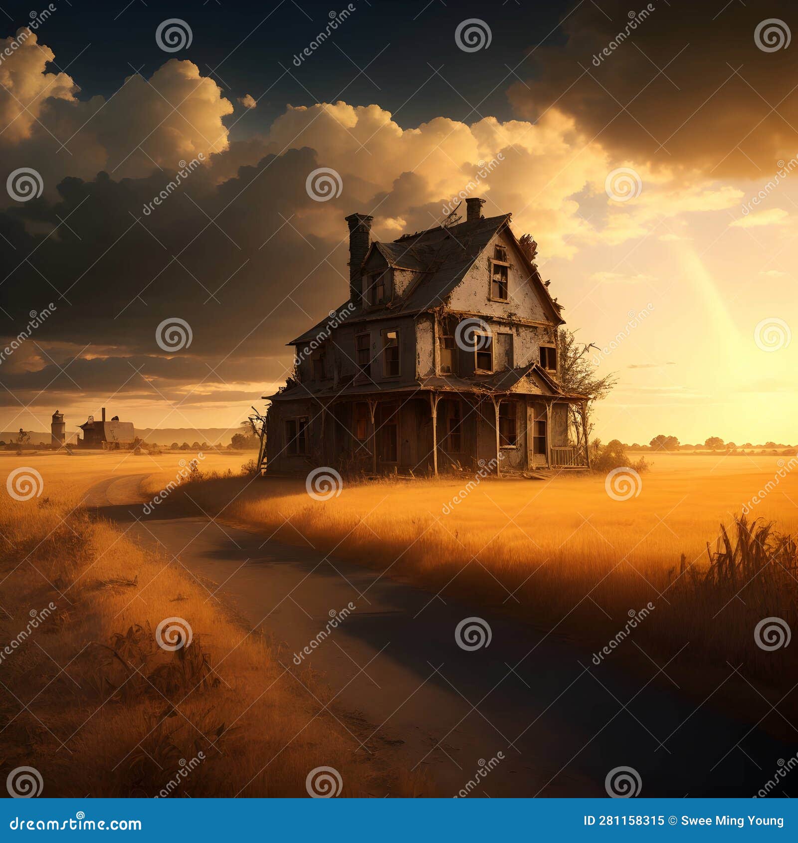 Painterly Image of the Dark Abandoned House in Rural Landscape with ...