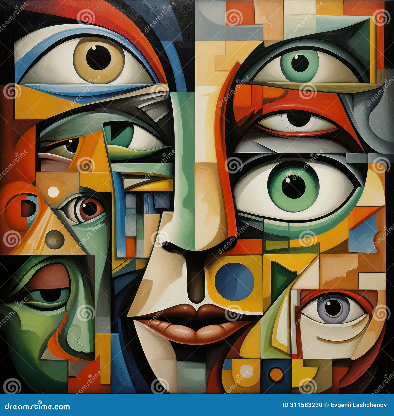 Painting with an Abstract Face and Several Multi-colored Eyes, Cubism ...
