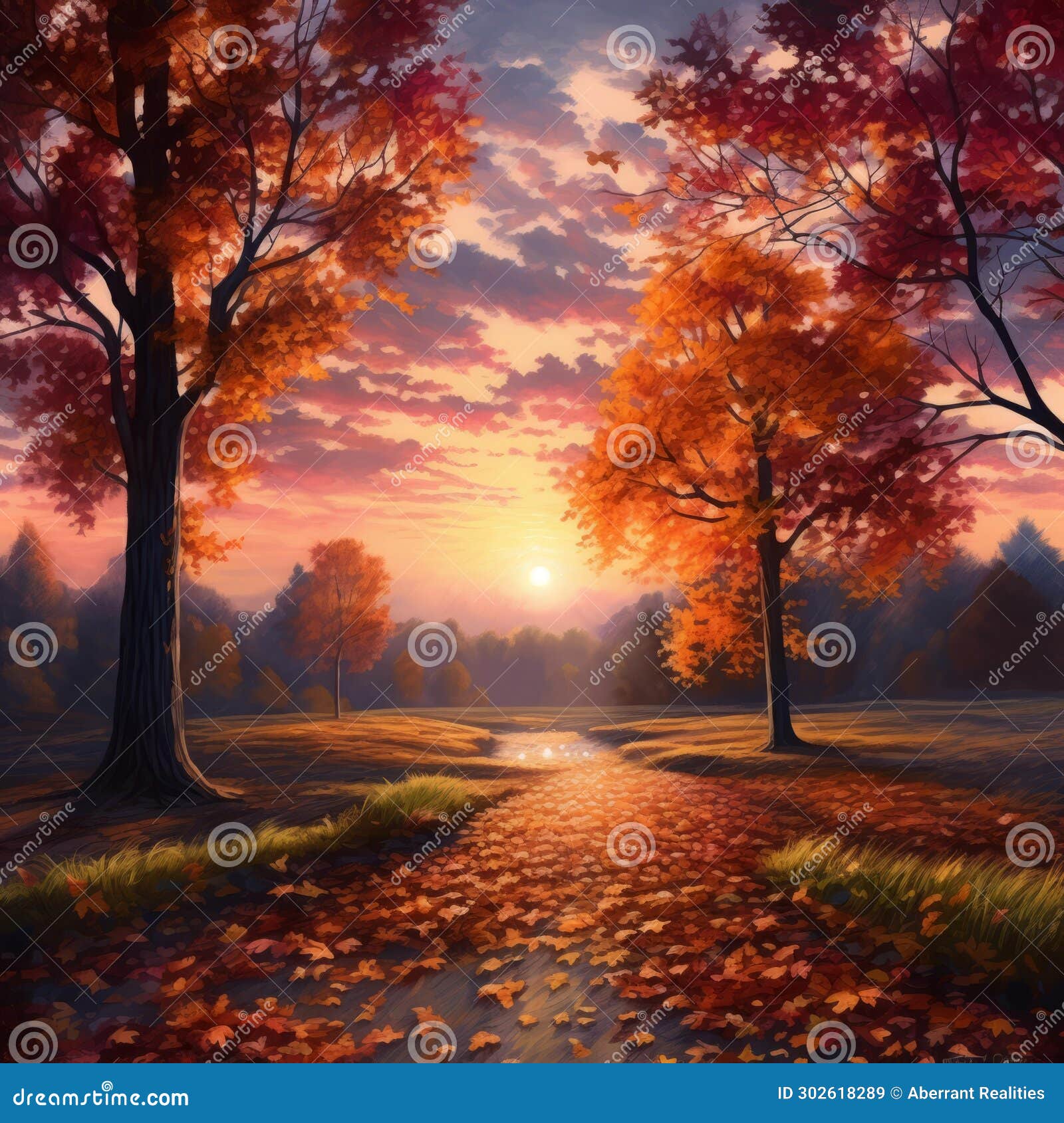 A Painting of an Autumn Scene with Trees and a Path Stock Illustration ...
