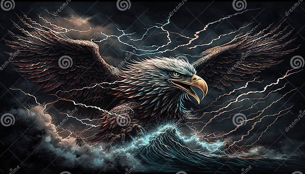 A Painting of a Bald Eagle with Lightning in the Background Stock ...