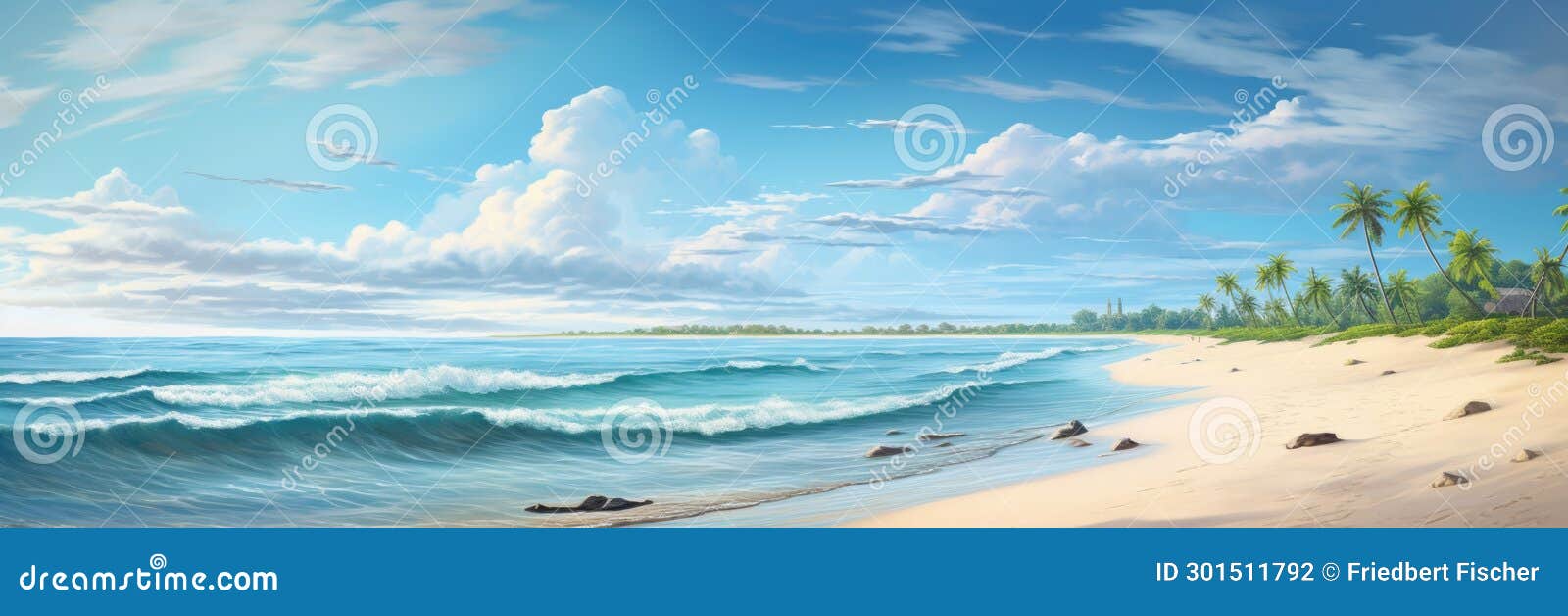 A Painting of a Beach with Palm Trees, Header, Footer, Panoramic Banner ...
