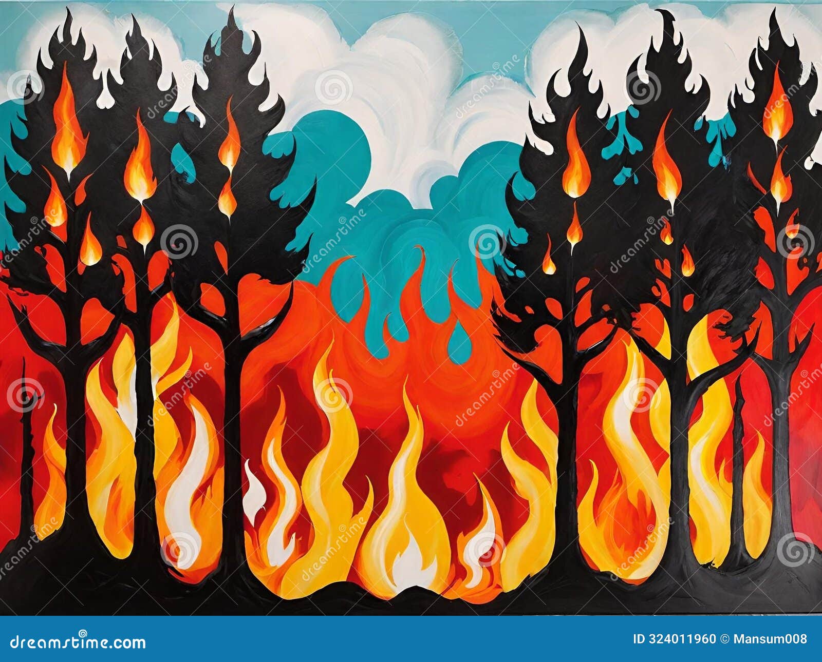 Painting of a Big Fire with a Red Forest Stock Illustration ...