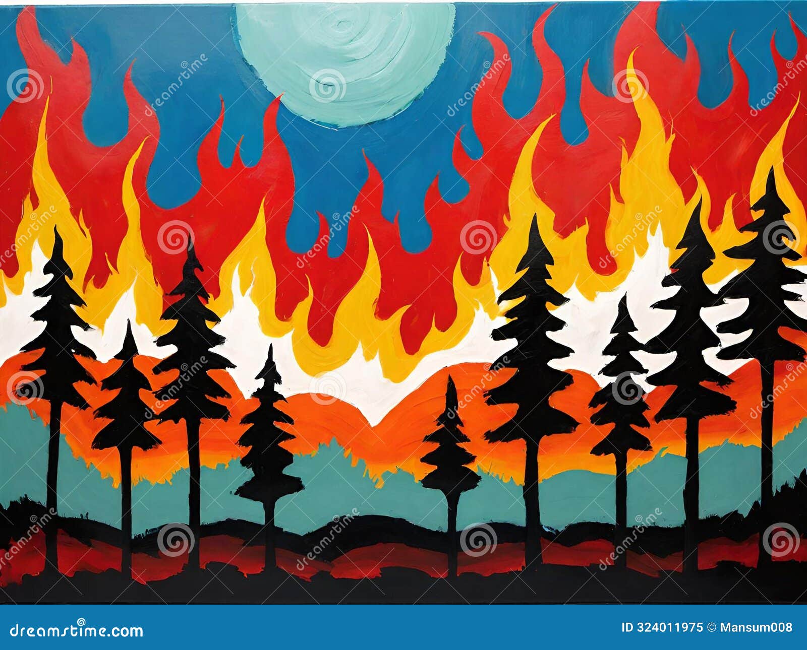 Painting of a Big Fire with a Red Forest Stock Illustration ...