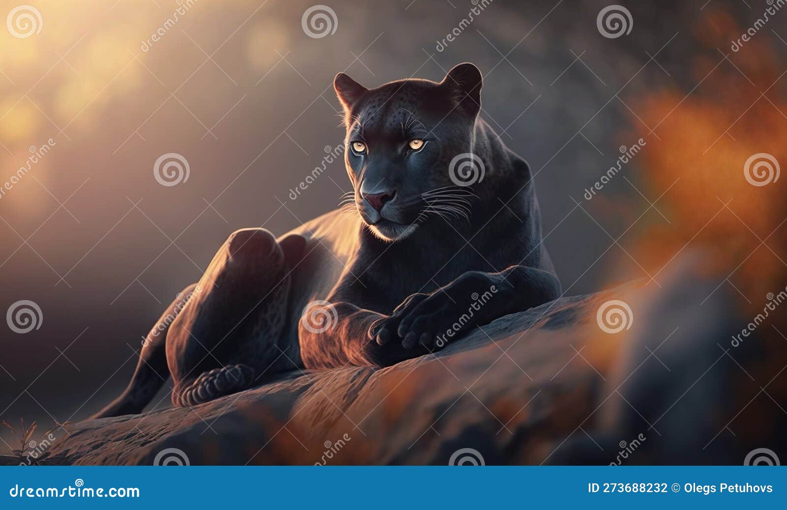 A Painting of a Black Panther Sitting on a Rock in the Sun Stock ...