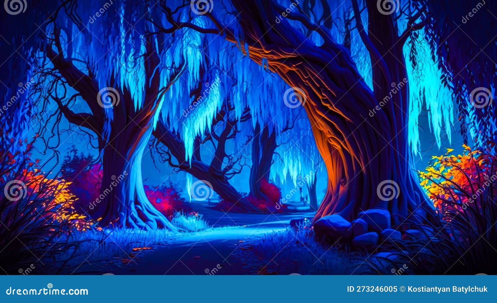 Painting of Blue Forest with Trees. Generative AI Stock Illustration ...