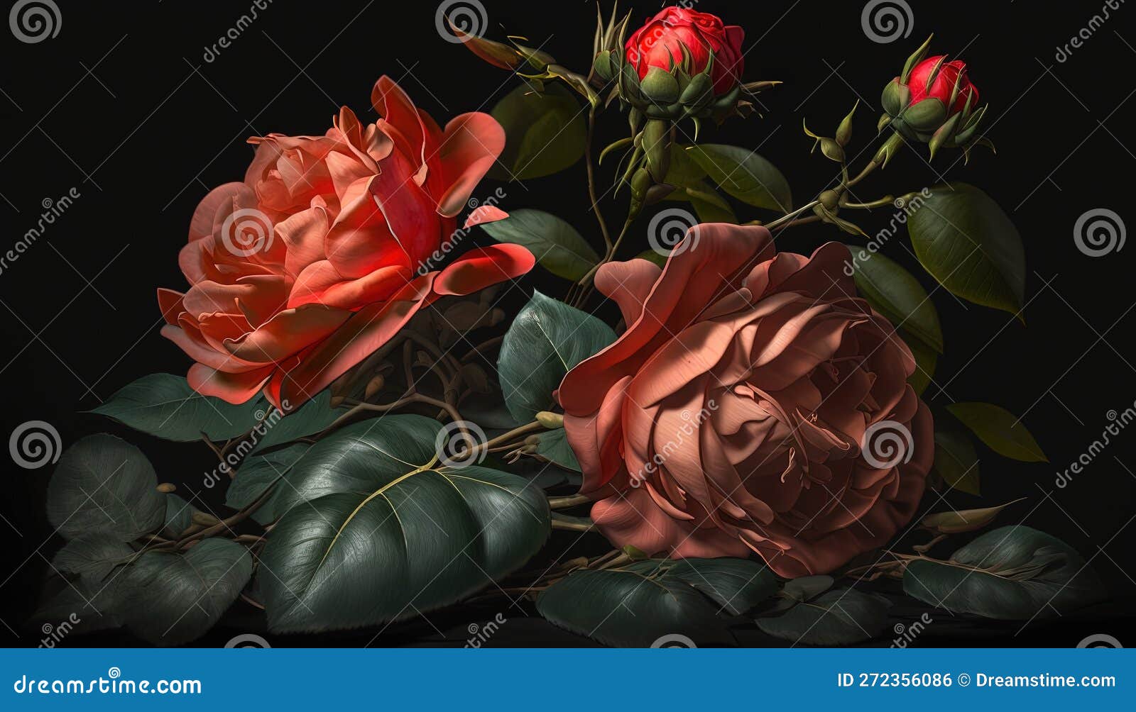 A Painting of a Bouquet of Roses on a Black Background Stock ...