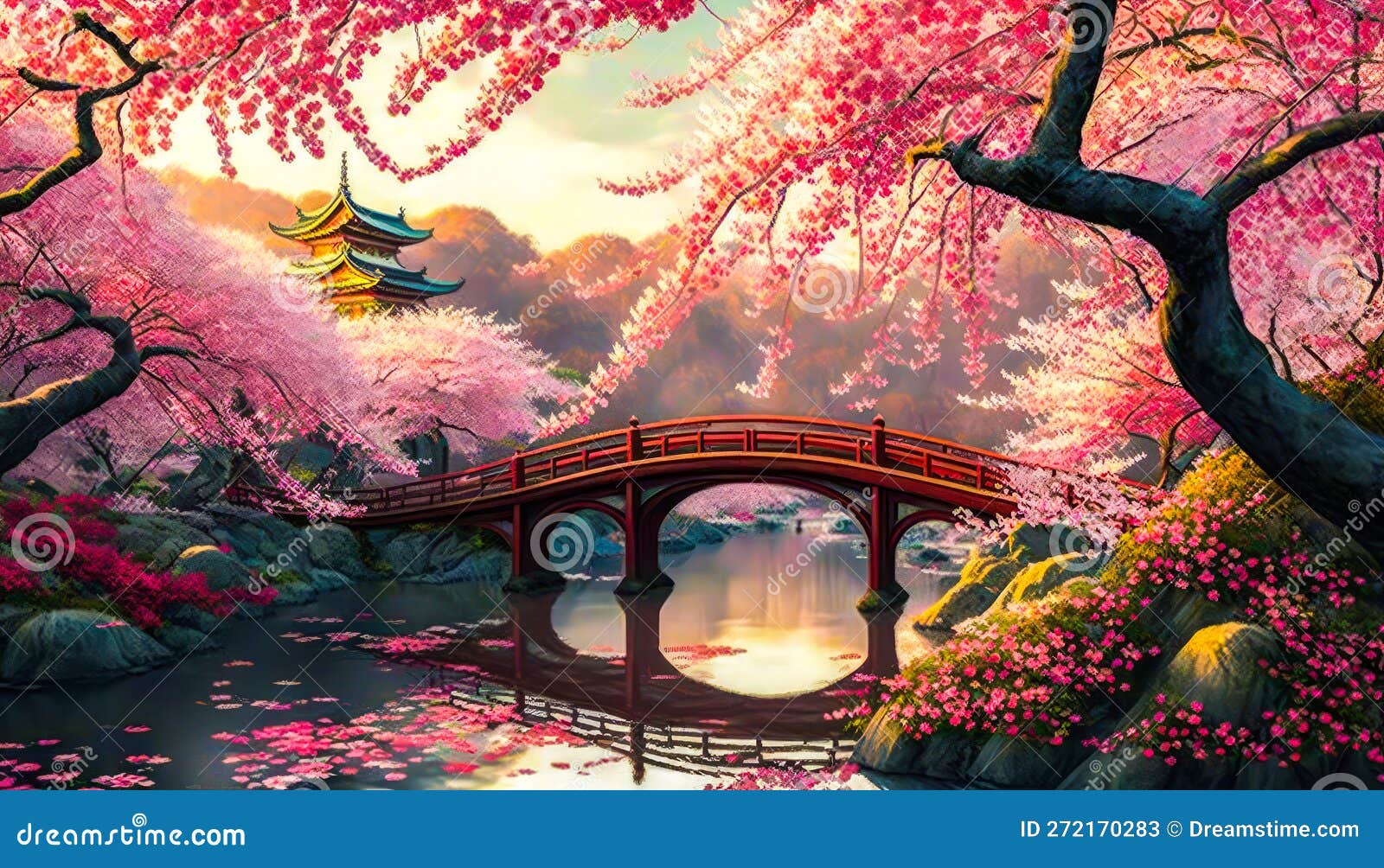 Painting of Bridge Over Pond with Cherry Blossoms. Generative AI Stock ...