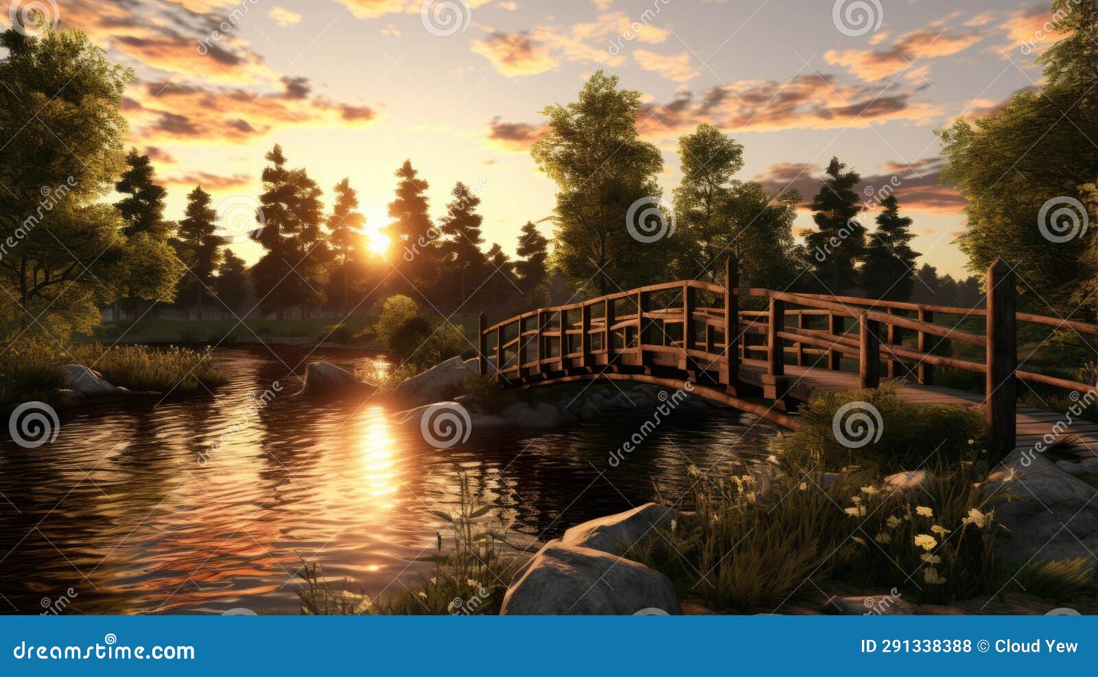 Painting of a Bridge Over a River at Sunset Stock Illustration ...