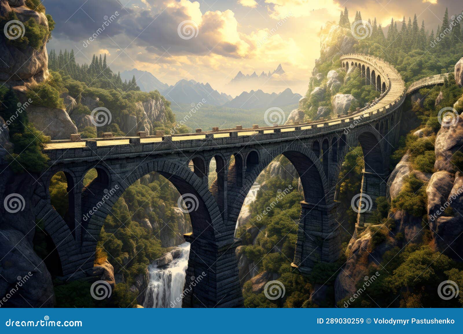 Painting of Bridge Over River with Waterfall Below. Generative AI Stock ...