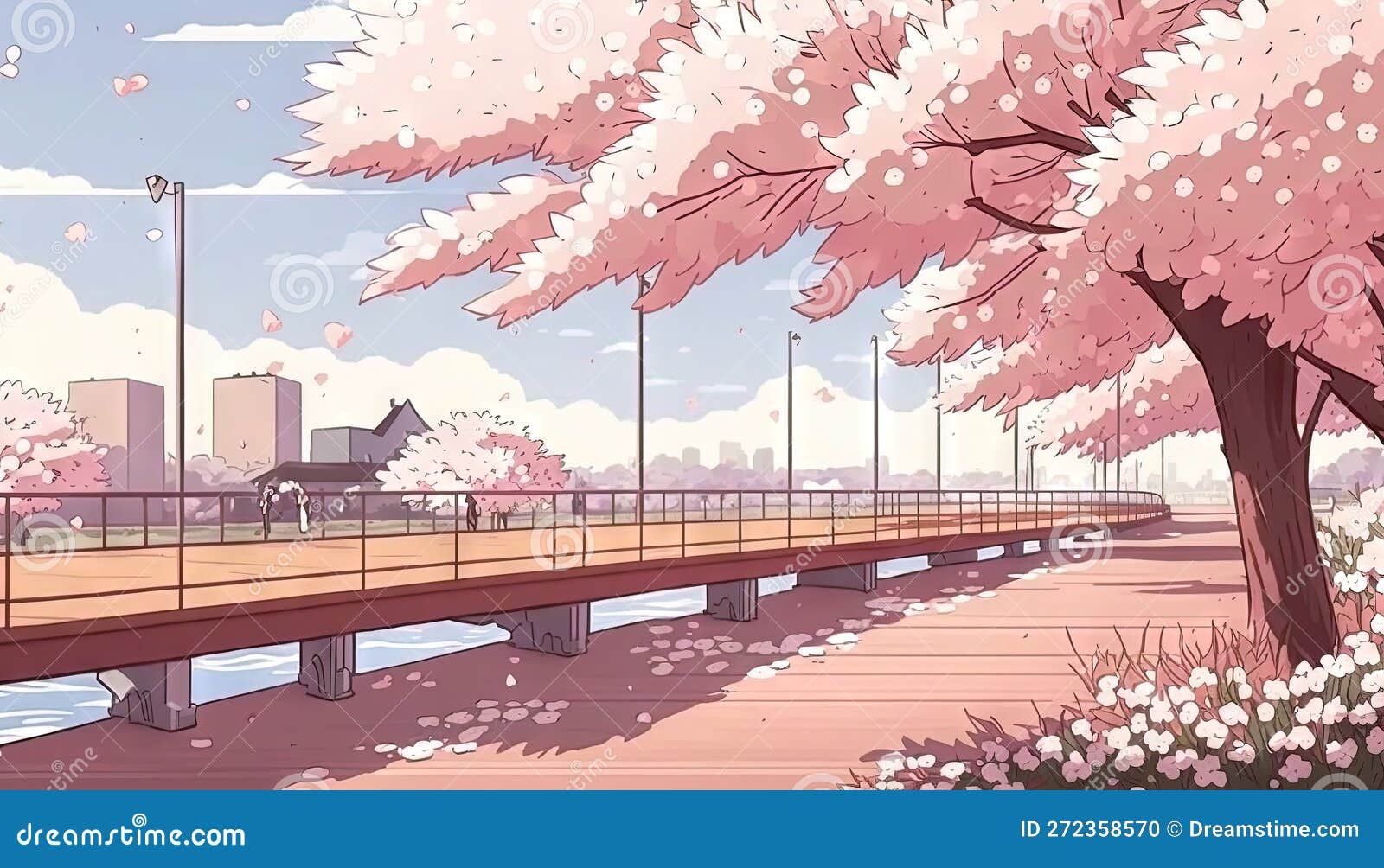 A Painting of a Bridge and Trees with Pink Flowers O Stock Illustration ...