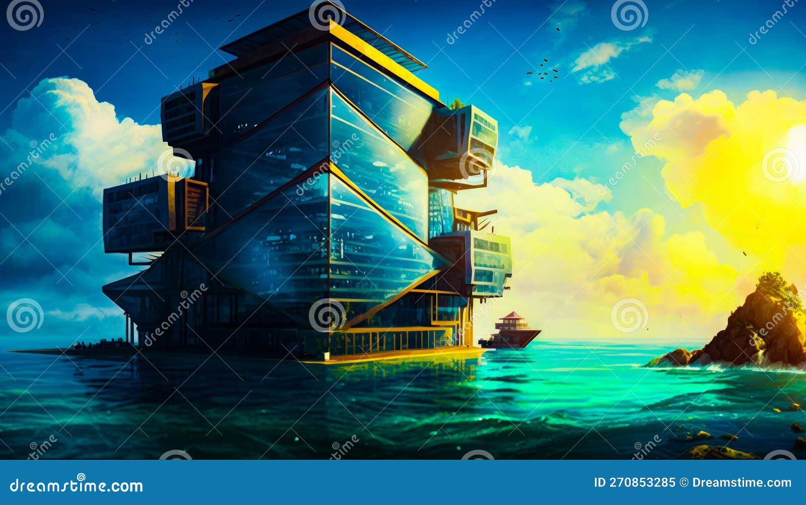 Painting of Building in the Middle of the Ocean Generative AI. Stock ...