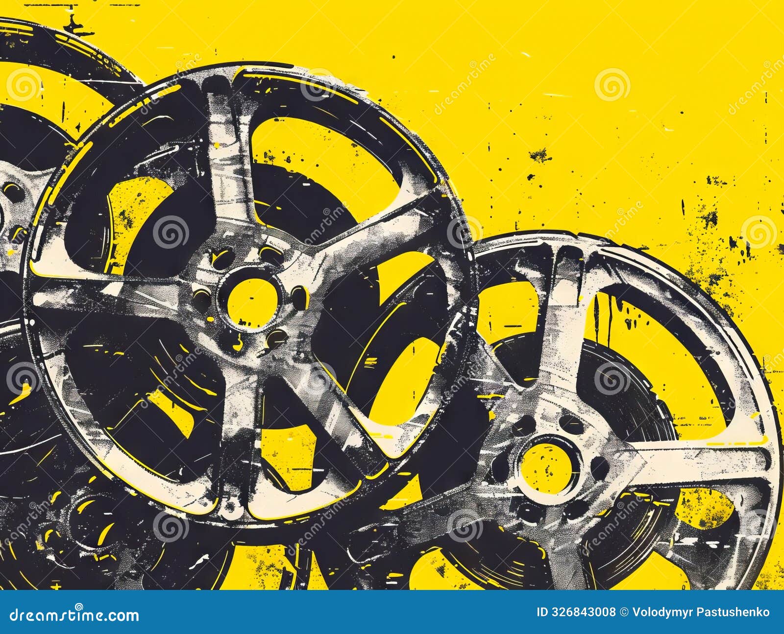 A Painting of a Bunch of Wheels on a Yellow Background Stock Photo ...