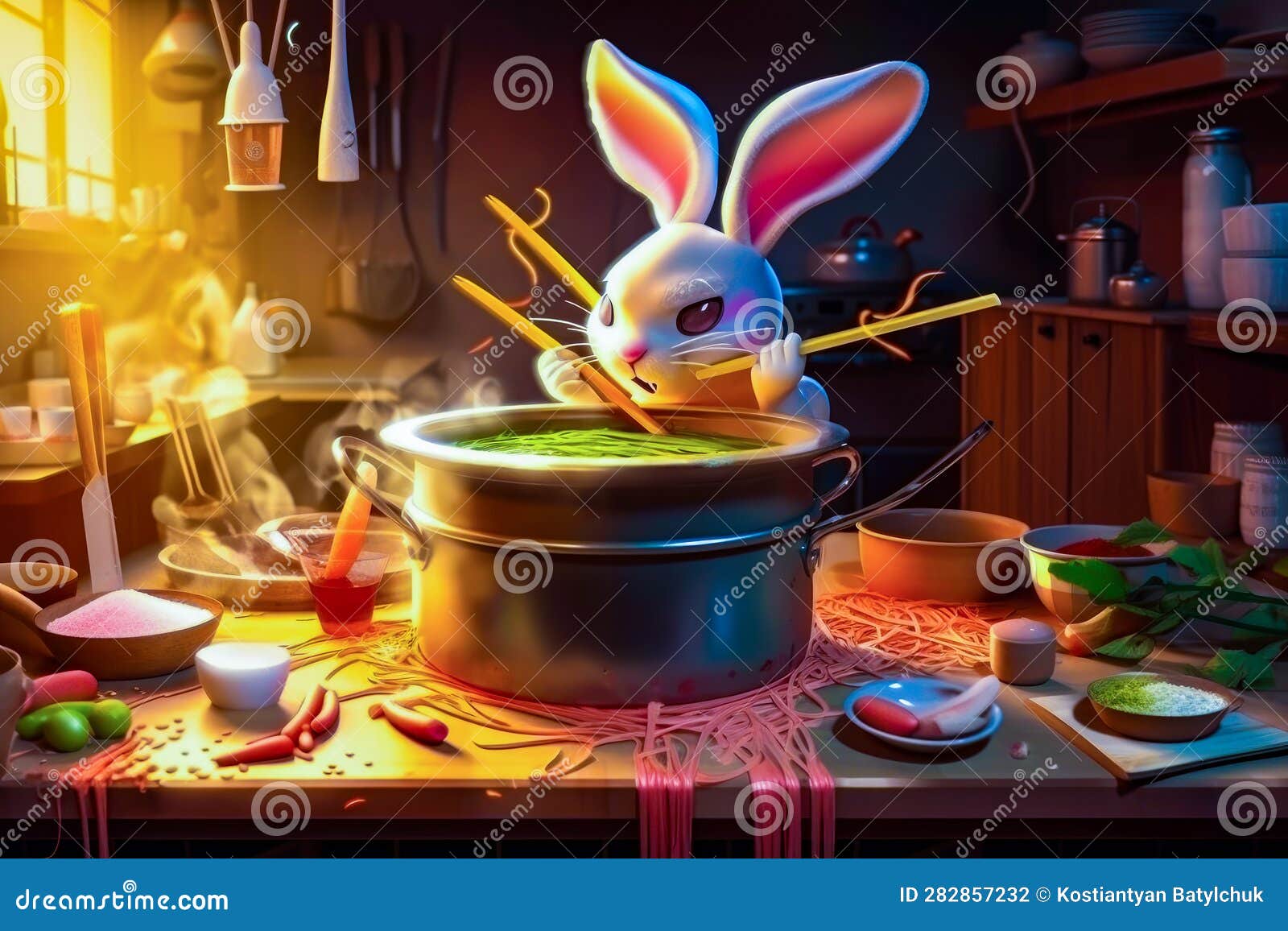 Painting of Bunny in Pot with Spoon in Its Mouth. Generative AI Stock ...