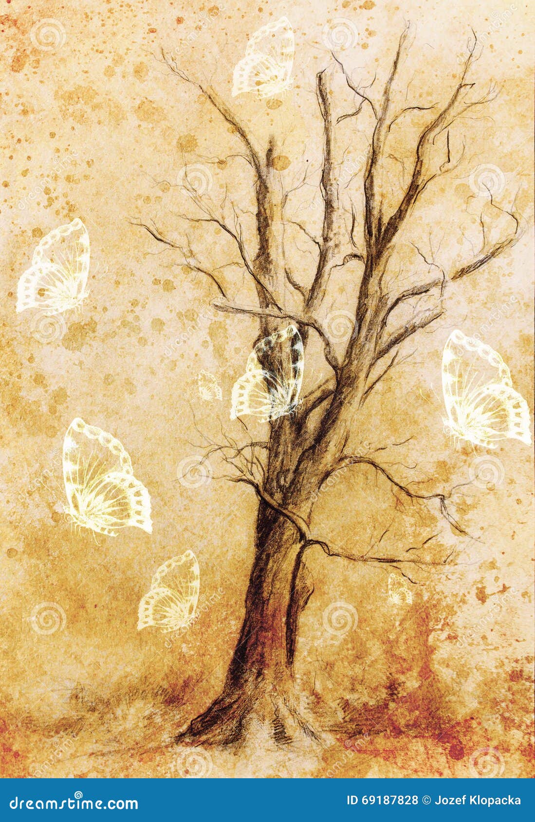 Painting Butterfly and Tree, Color Collage. and Abstract Grunge ...