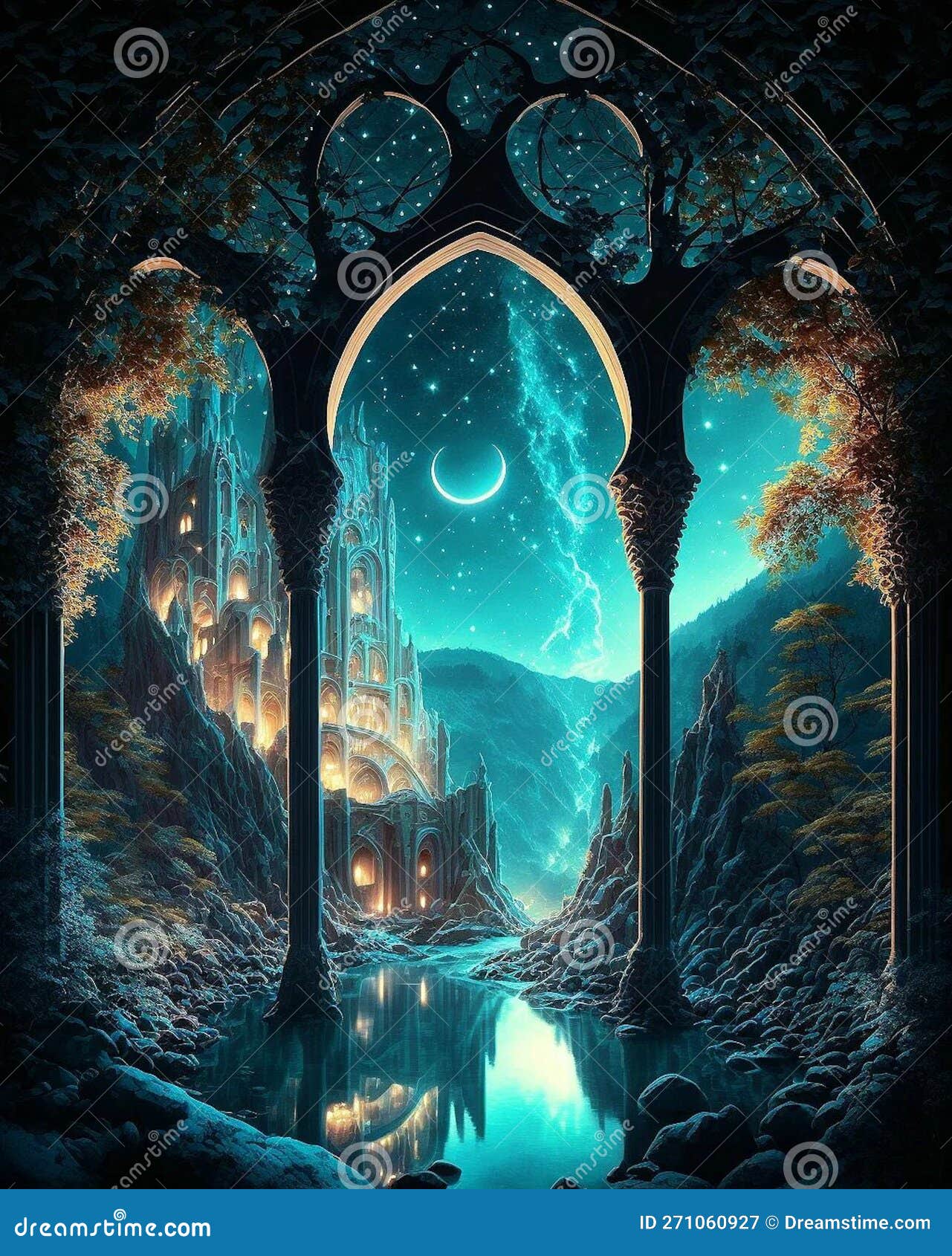 A Painting of a Castle with a Moon and Stars on it Stock Illustration ...