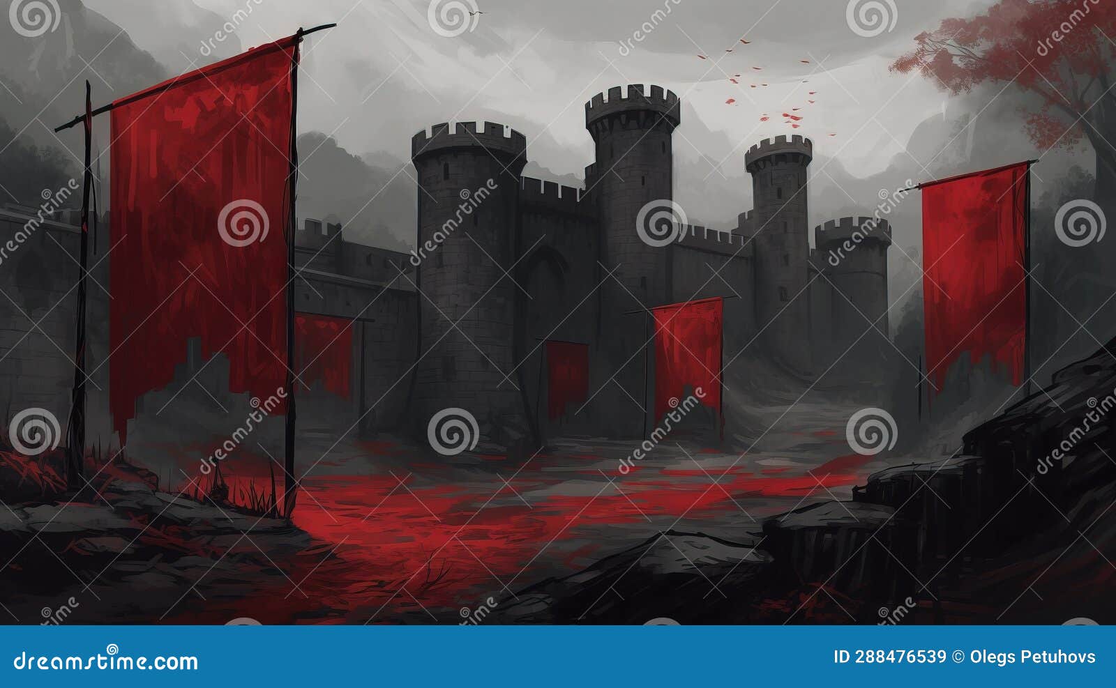 A Painting of a Castle with Red Flags in Front of it Stock Illustration ...