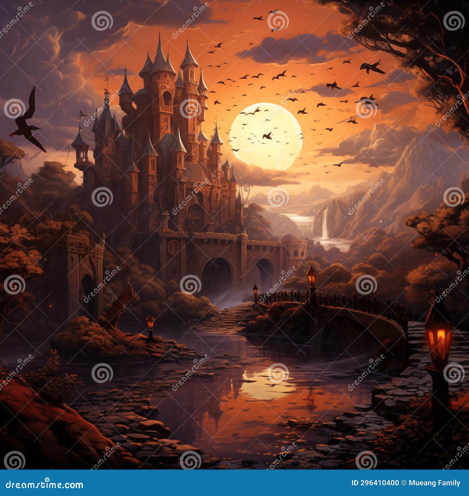 A Painting of a Castle at Sunset, with the Castle Reflected in the ...