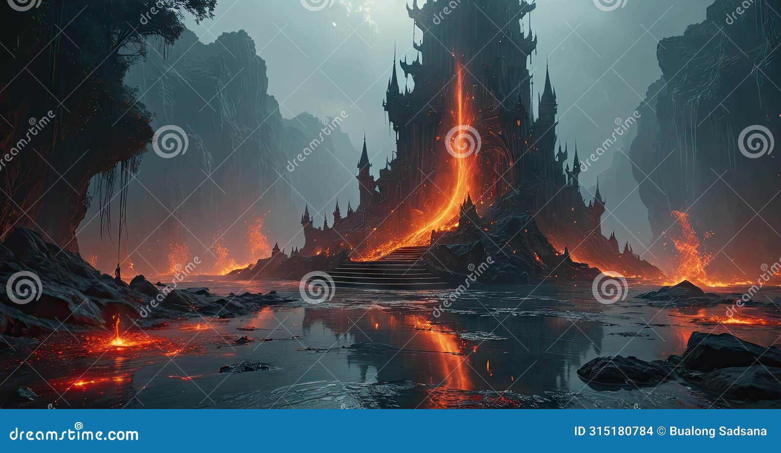 A Painting of a Castle Surrounded by a Fire Pit with a Lava Flow Coming ...