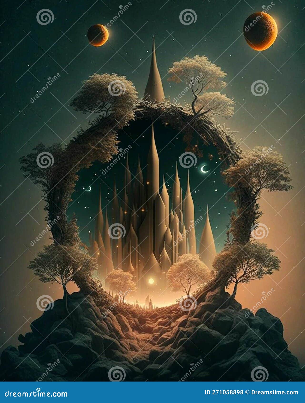 A Painting of a Castle with a Tree Inside it Stock Illustration ...