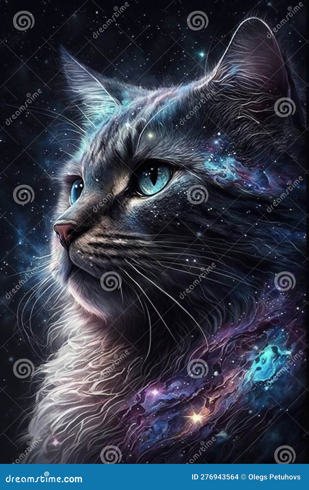 A Painting of a Cat with Blue Eyes and Stars in the Background Stock ...